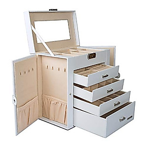 Homde Synthetic Leather Huge Jewelry Box Mirrored Watch Organizer Necklace Ring Earring Storage Lockable Gift Case (White)