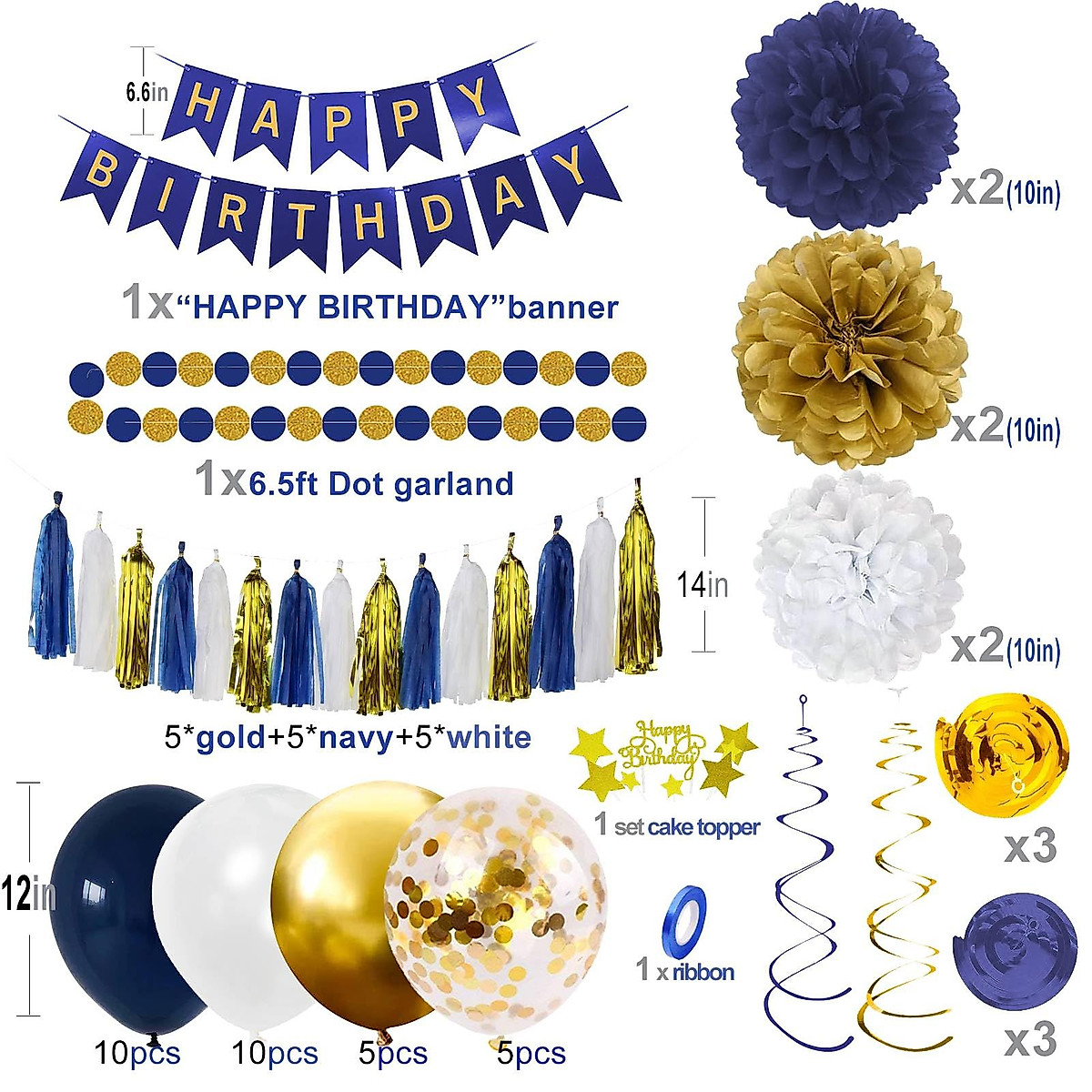 YGYXMY Birthday Decorations for Men Boys | Navy Blue Gold White Happy Birthday Party Decorations Kit | Banner, Balloons, Tissue Pompoms, Swirls, Tassels Garland