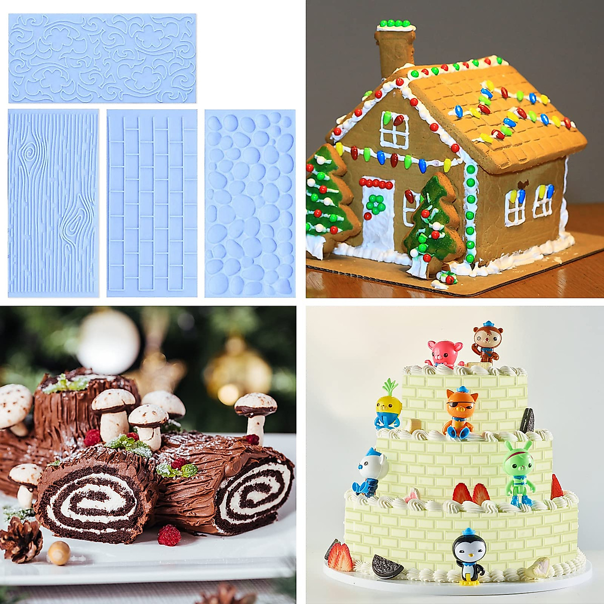 6 Packs Fondant Impression Mat Mold Set Fondant Molds for Cake Decorating, Embossed Tree Bark/Brick Wall/Flower/Cobblestone/Stone Wall Flower Vine Lace Texture Design