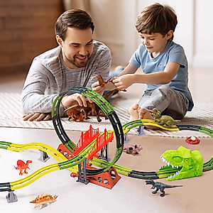 𝐓𝐎𝐘 𝐃𝐄𝐀𝐋𝐒 𝐈𝐍 𝐎𝐔𝐓𝐋𝐄𝐓 Dinosaur Race Track Train Toys, Flexible Dinosaur Train with LED Roaring Lights, Dino Toys & Dino Eggs, 3 Year Old Boy Birthday Gift
