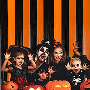 Dazzle Bright 4 Pack Backdrop Curtain, 3FT x 8FT Metallic Tinsel Foil Fringe Curtains Photo Booth Background for Baby Shower Birthday Wedding Halloween Party Decorations (Orange and Black)