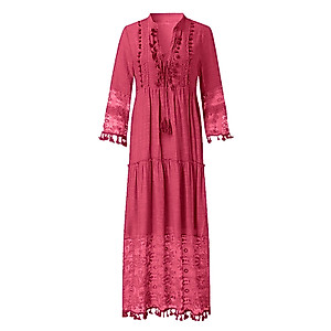 Ladies Fashion V Neck Long Sleeve Lace Tassel Long Dress Beach Dress Casual Dress Casual Spring Dresses for Women 2023 Pink