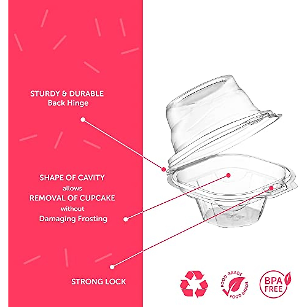 Prestee 100 Individual Cupcake Containers - Stackable | Cupcake Boxes Individual | Cupcake Holders | Single Cupcake Boxes | With Connected Airtight Deep Dome Lid | BPA-Free