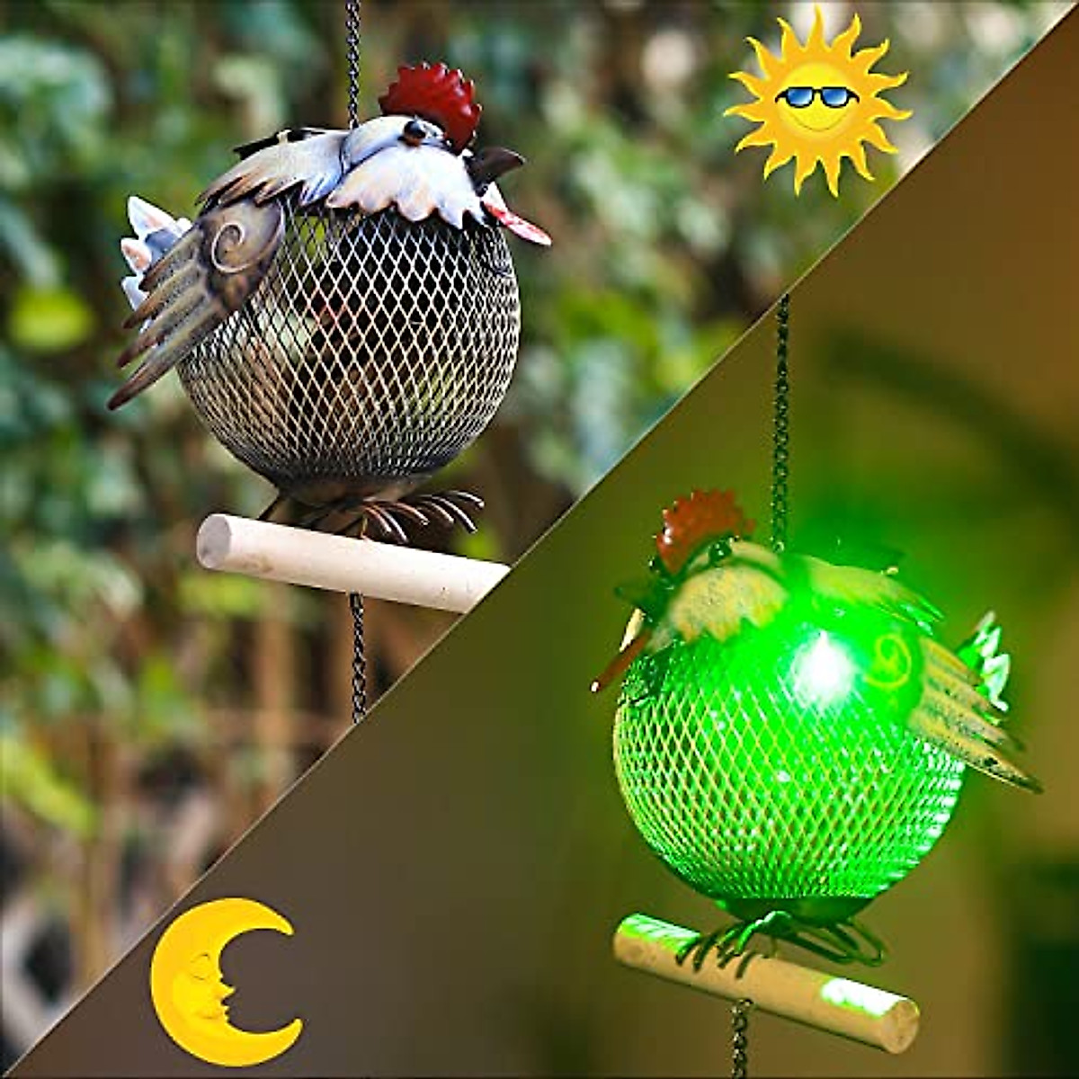 wtreew Solar Rooster Bird Feeder Squirrel Proof for Outside - Unique Cute Metal Animal Shaped Wild Bird Feeder with Solar Light, Wind Chime, Gift for Bird Lovers(Rooster)