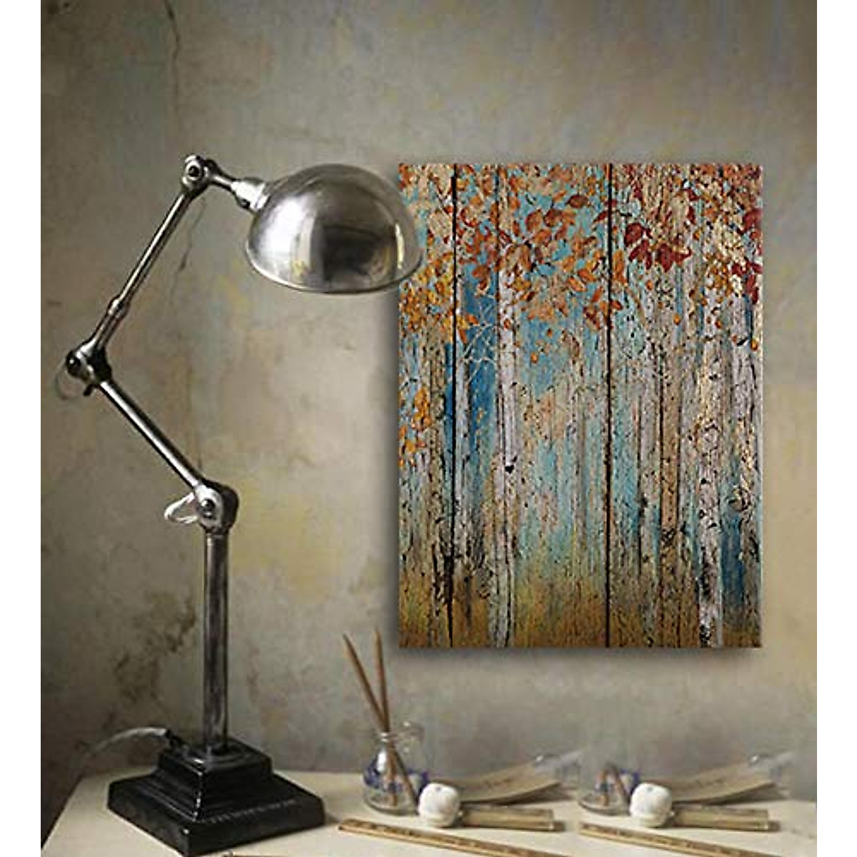 Canvas Wall Art Yellow Tree Forest Landscape Picture Prints, Rustic Modern Birch Trees Nature Woods Abstract Painting Artwork 12"x16" Wood Gallery and Framed for Home Office Living Room Bedroom Decor