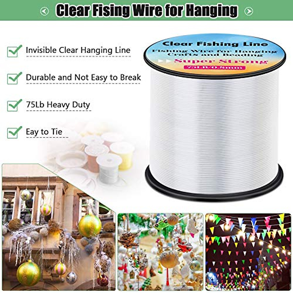 Hanging Wire Clear, Acejoz Thick Fishing Line Nylon String Picture Frame Wire with 100Pcs Crimps Sleeves 70lb Invisible Line for Balloon Garland Picture Hanging Decoration and Crafts (656 Feet)