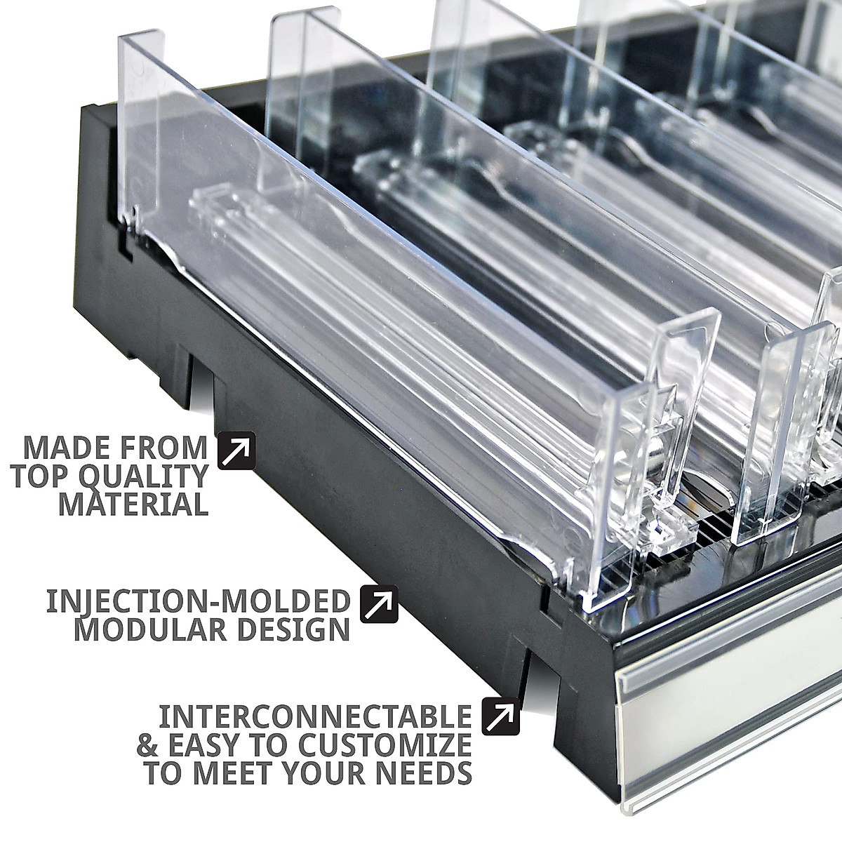 Azar Displays 225830-TALL-BLK Adjustable Tall Divider Bin Cosmetic Tray with Pushers - Customize Slot Size to Product, Black 2-Pack