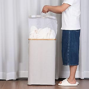 iEGrow 60L Slim Laundry Hamper With Lid, Foldable Clothes Basket with Bamboo Handles and Removable Inner Bag, Light Grey