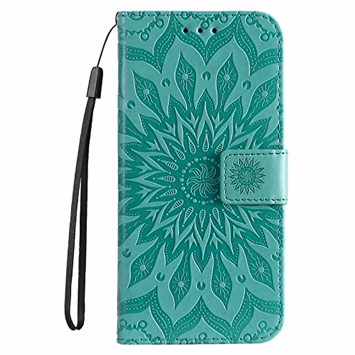 YADASON Compatible with Oppo Reno 6 Pro Plus 5G Wallet Case, Embossed Sunflower Pattern Magnetic Premium PU Leather [Kickstand] [Card Slots] [Wrist Strap] Phone Cover (Green)