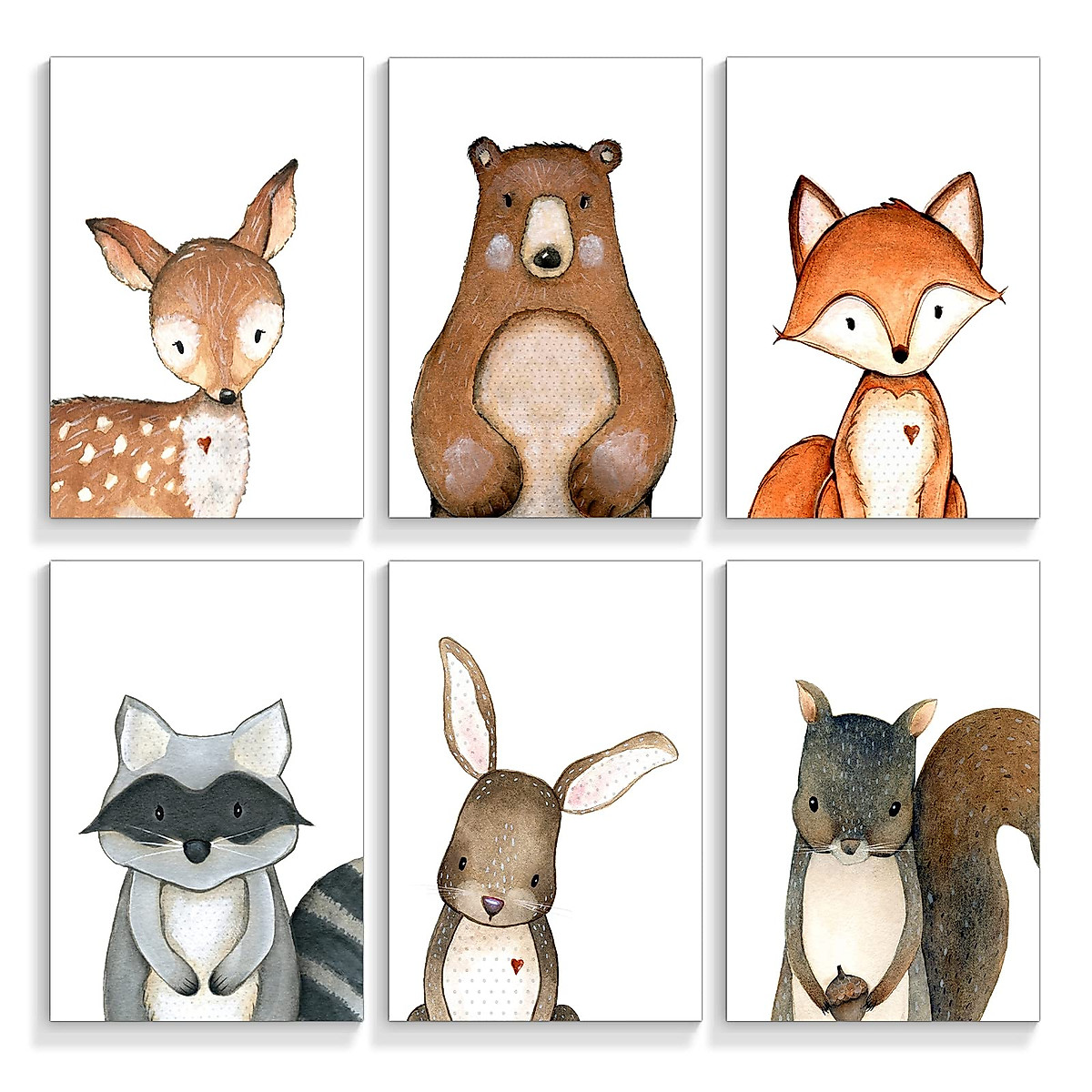 6 Pieces Woodland Animals Nursery Canvas Wall Art Cute Safari Jungle Animal Deer Bear Bunny Pictures Baby Room Posters Farmhouse Forest Theme Fox Squirrel Raccoon Prints Decor 8x10in Unframed