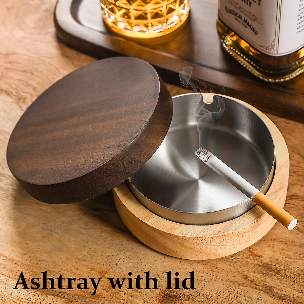 Cute Ashtrays for Cigarettes Ash Tray with Lid DDAJJAJ Wooden Ashtray with Stainless Steel Portable Decorative Ashtray Windproof Ashtray for Home,Patio,Office,Outdoors,Indoor,Parties