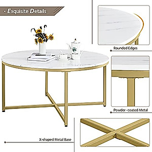 Yaheetech Modern Marble Coffee Table, Faux Accent Round Table Cocktail Table w/X-Base & Sturdy Metal Legs & Protective Foot Pads for Living Room, Mustard Gold