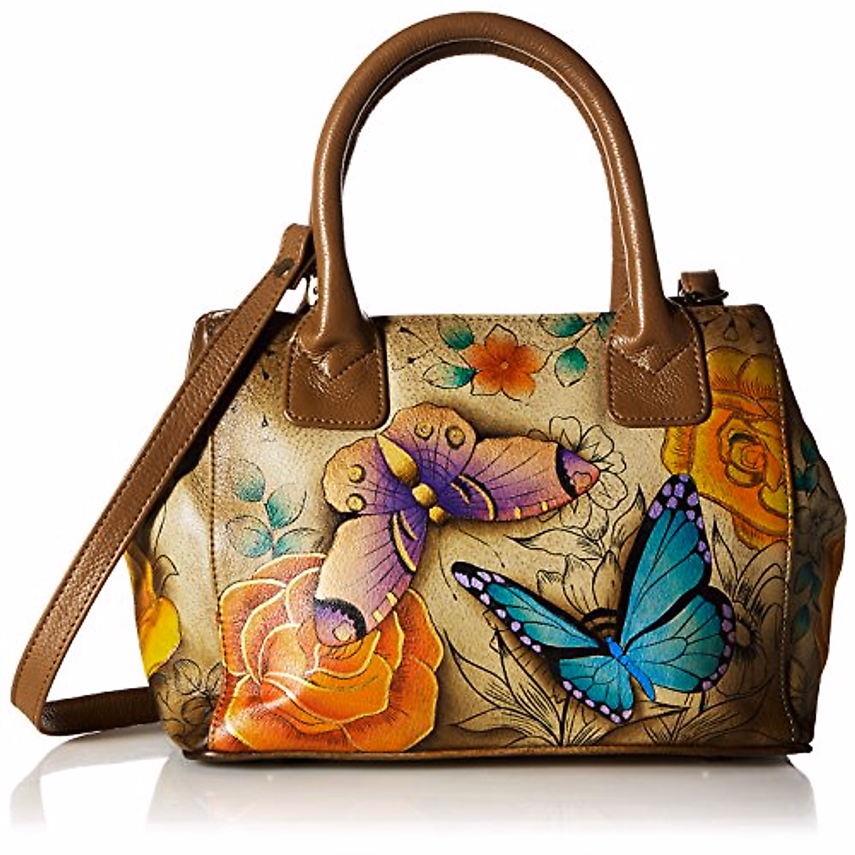 Anna by Anuschka Women’s Hand Painted Genuine Leather Small Convertible Tote - Floral Paradise Tan