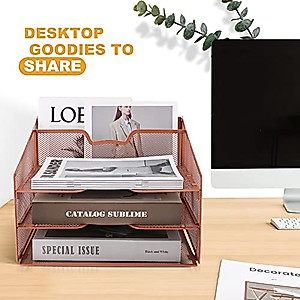 Meshist Rose Gold Desk Accessories Organizer, Desktop File Organzier with 3 Letter Trays and 1 Upright Section, Paper Organizer for Home and Office