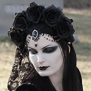 Acenail Rose Flower Headbands Women Floral Crown Mexican Headband Gothic Day of the Dead Head band Cosplay Costume Halloween Headpieces (Flower A-Black)