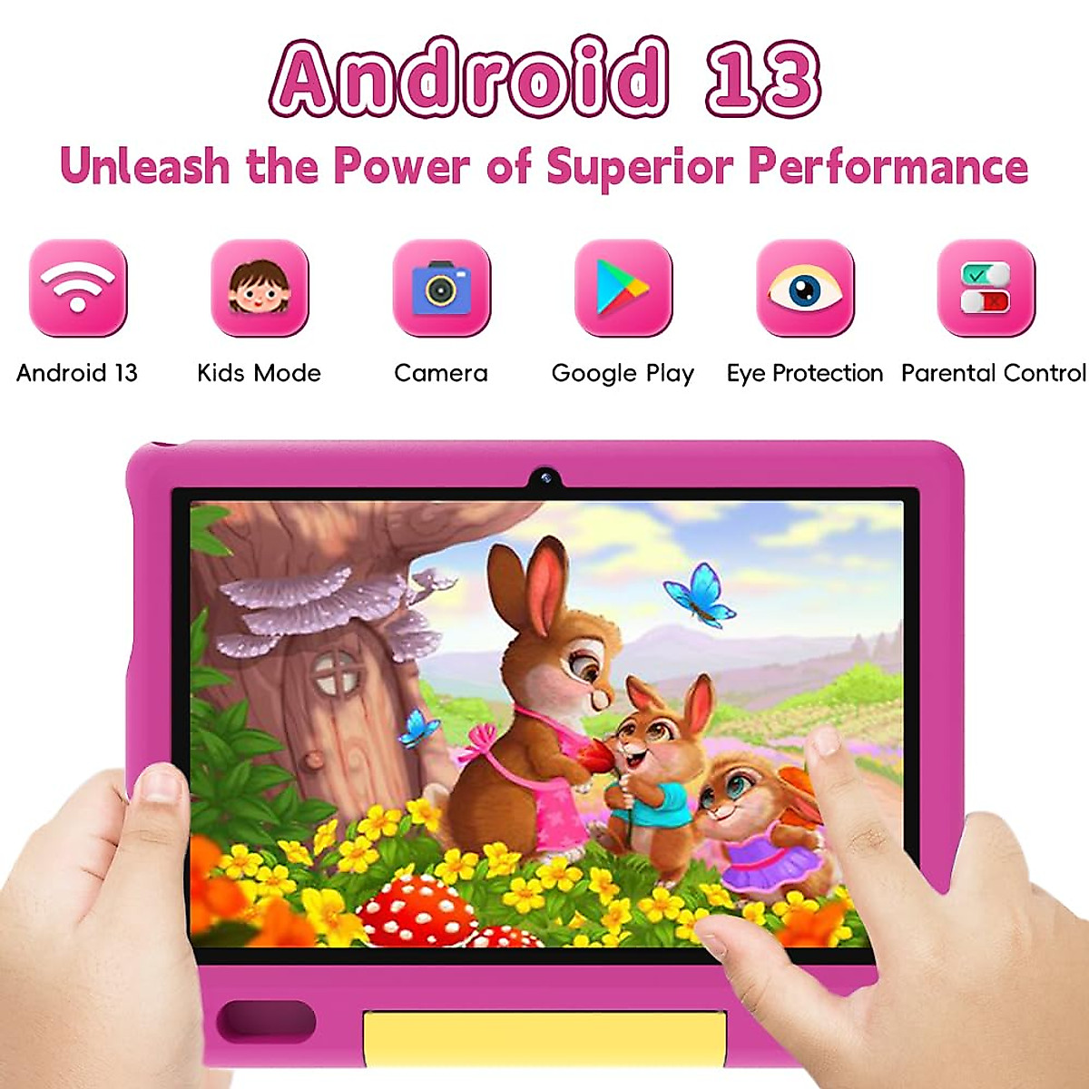 ApoloSign Kids Tablet 10 inch, Android 13 Tablet for Kids, 2+32GB Storage, Pre-installed Educational Apps with Ad-free Contents and Parental Control, 5000mAh Battery, EVA Shockproof Case - Pink