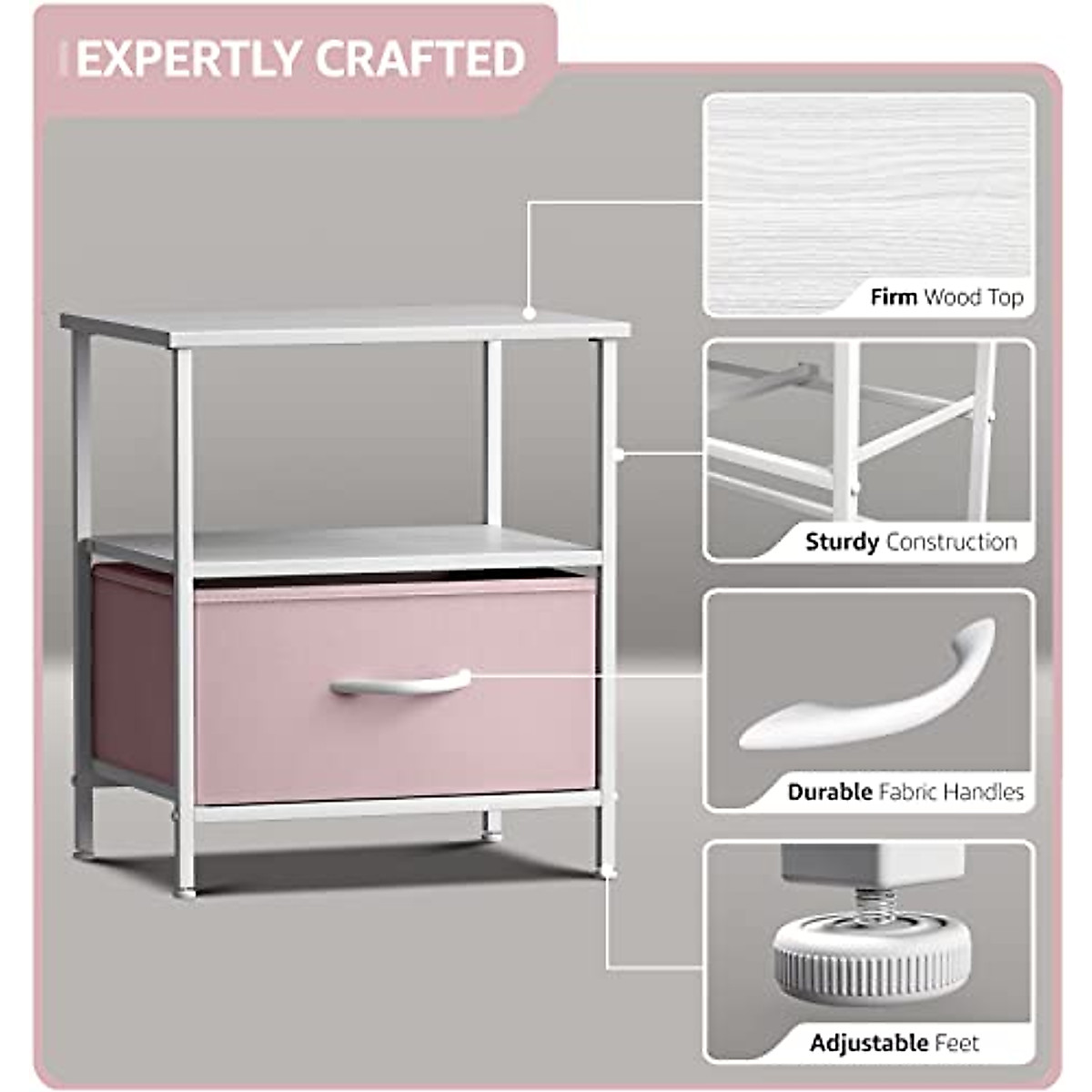 1-Drawer Shelf Storage Nightstand - Kids Bedside Furniture End Table Night Stand - Steel Frame, Wood Top & Easy Pull Fabric Bins - Dresser & Chest for Home, Bedroom Accessories, Office & College Dorm