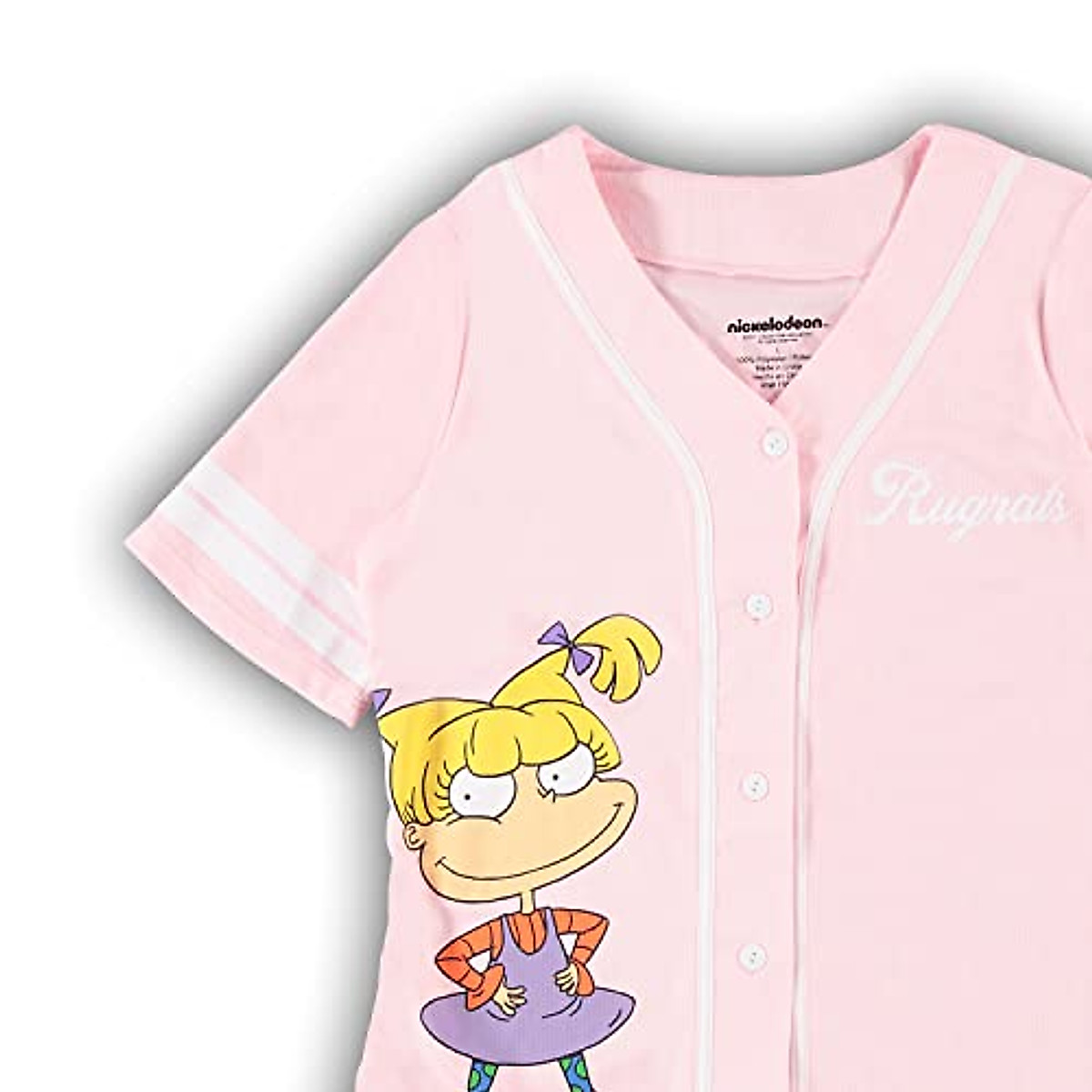 Nickelodeon Ladies 90's Fashion Shirt - Rugrats, Angelica and Chuckie Mesh Baseball Jersey (Light Pink, Small)