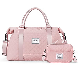 Travel Duffel Bag Weekender Bag for Women，Overnight Carry on Bag with Toiletry Bag, Gym Tote Bag with Wet Pocket,Grid Pink