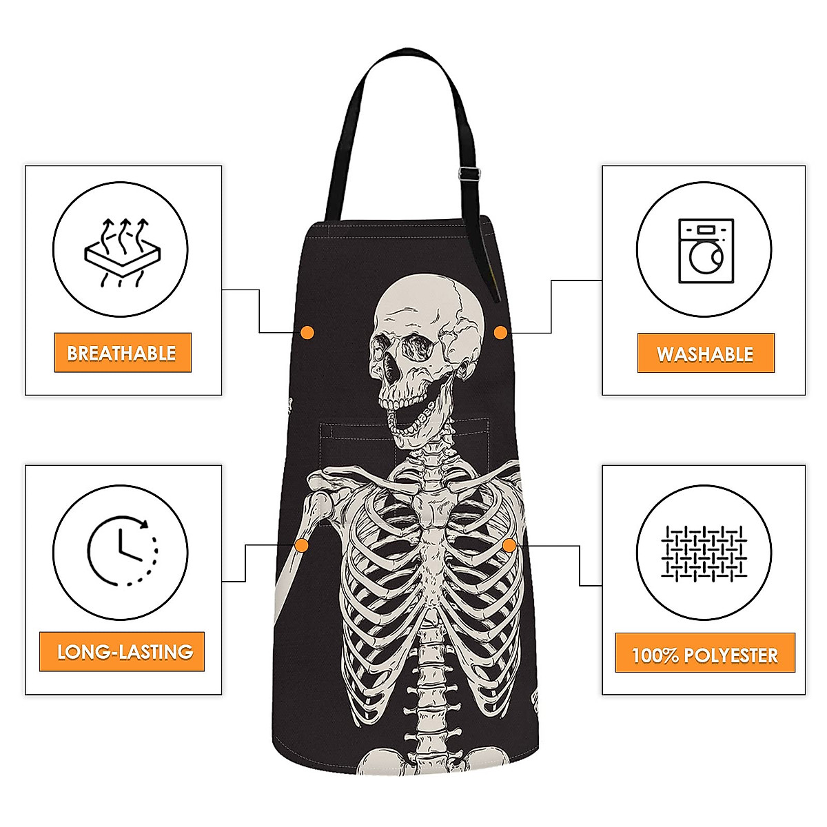 Britimes Apron Home Kitchen Cooking Baking Gardening for Women Men with Pockets Skeleton Rock Skull Halloween Happy 32x28 inch