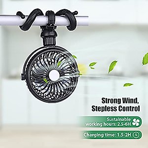 Mieuxbuck Stroller Fan, Clip on Fan with Flexible Tripod, 2600mAh Battery Operated Fan with Stepless Speed, 360° Rotatable Handheld Fan Suitable for Multiple Scenarios