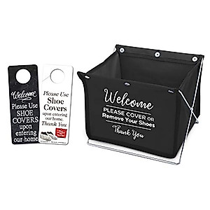 Foldable Shoe Cover Holder (Black) with Bonus Please Use Shoe Covers, Double Sided, Door Hanger