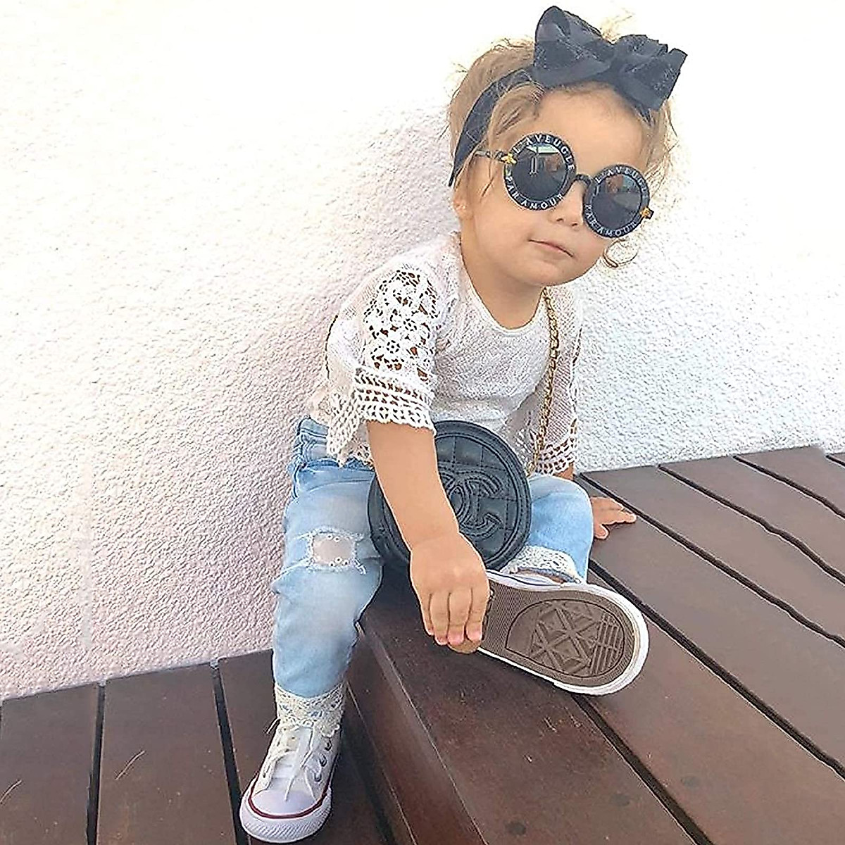 koramesis Baby Girl Clothes Set Lace Ruffle Romper Flare Denim Jean Pants and Headband 3Pcs Set Newborn Infant Outfits Set (White Straight, 3-6 Months)