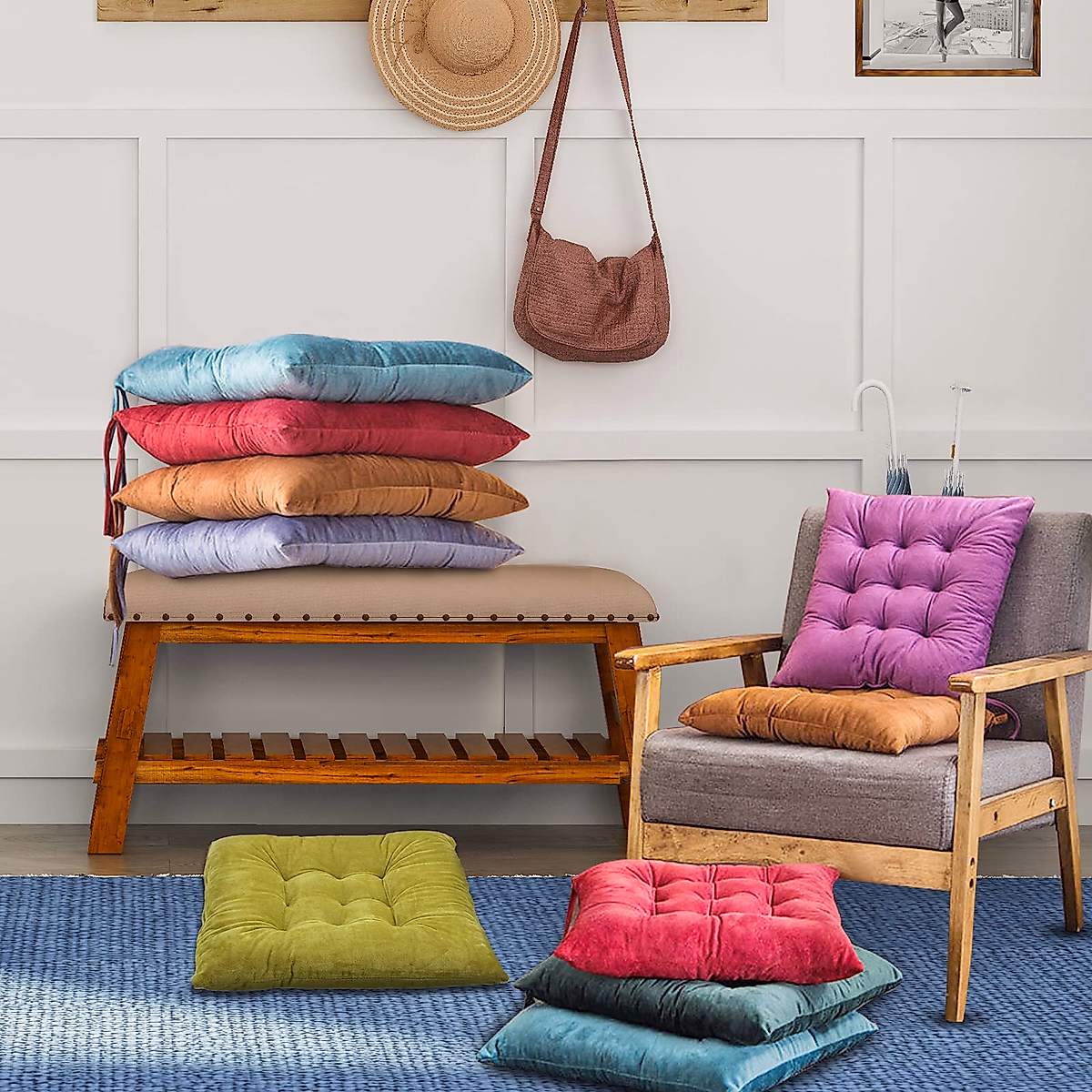 CAMAL Square Chair Pads for Dining Chairs Set of 2, Comfort and Softness Kitchen Chair Cushions with Ties, 16" x 16" Dining Chair Pads for Dining Chairs, Office Chair, Car, Floor, Patio (Orange)