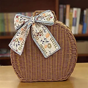 Firlar Vintage Round Rattan Suitcase Basket, 10 x 7.7 in Woven Wicker Storage Bins with Handle, Willow Picnic Handbag, Rattan Storage Box Travel Suitcase Storage Organizer for Camping Home Decor, L