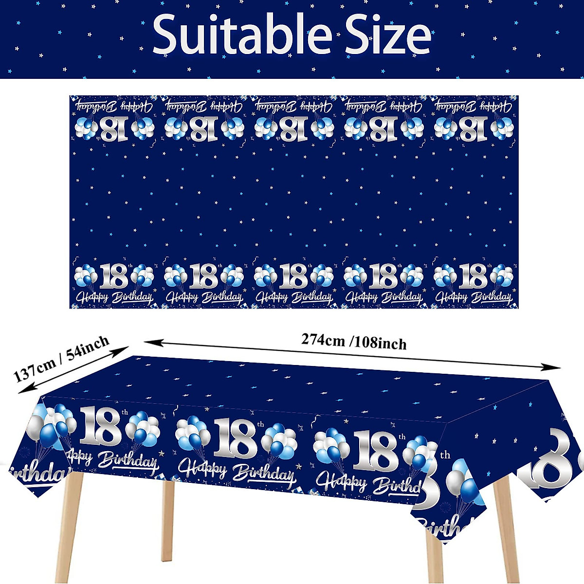 Turypaty 3 Pack Blue Silver 18th Birthday Tablecloth Decorations for Boy, Navy Blue Happy 18 Table Cover Party Supplies, Eighteen Years Old Birthday Disposable Rectangular Table Cloths
