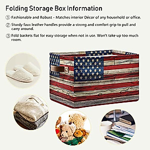 American Flag Wooden Patriotic Storage Basket Bin USA Flag 4th of July Large Fabric Toys Storage Box Cube with Handles Foldable Closet Shelf Cloth Organizer Baskets Decor for Shelves Nursery Bedroom