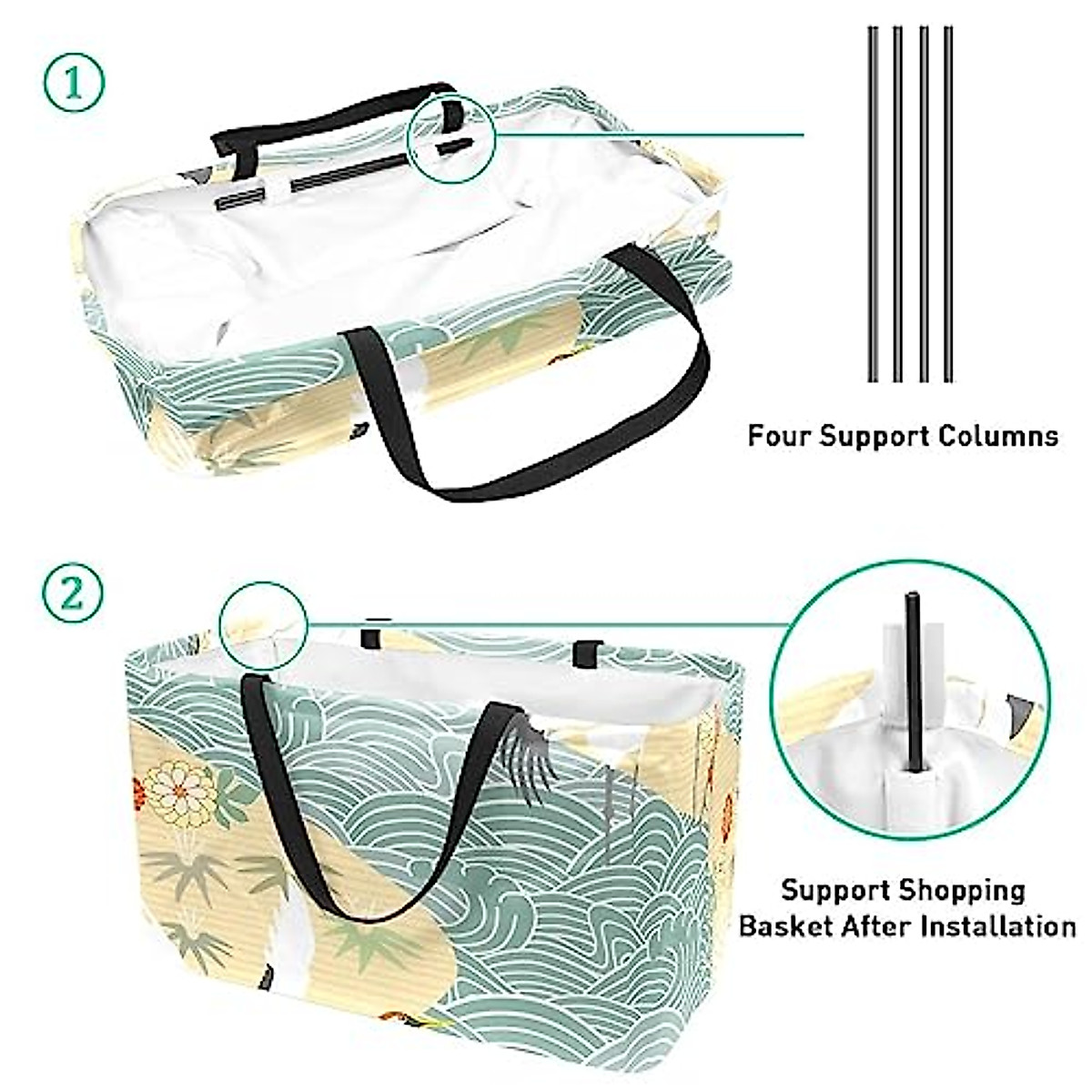 KQNZT Reusable Grocery Bags, Heavy Duty Reusable Shopping Bags, Large Tote Bags with Long Handles and Reinforced Bottom, Japanese Style Wave Crane