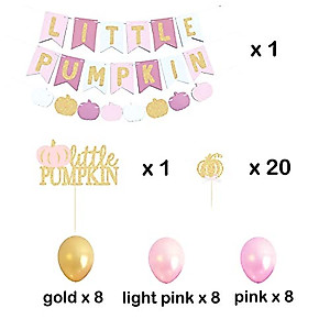 HEETON Little Pumpkin Banner Pink Girl Pumpkin Cake Topper Fall Baby Shower Birthday Halloween Thanksgiving Pumpkin Party Decorations Supplies Photo Booth Props