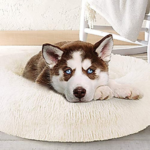 Round Cat Bed Donut Dog Bed, Washable Cuddler Pet Cushion Faux Shag Fur Cat Cot with Bolster and Anti-Slip Base, Self-Warming Plush Cat Den for Kitten, Puppies, Small Medium Size Below 20 Lbs White