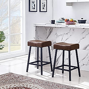 MNEETRUNG Bar Stools Set of 2, Counter Height Saddle-Seat PU Leather Bar Stools for Kitchen Counter Backless Modern Square Barstools Upholstered Faux Leather Stools Farmhouse Island, Brown