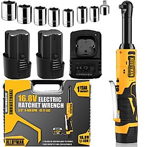 Alloyman 16.8V 2.0Ah Li-Ion Cordless Ratchet Wrench Kit, Yellow, 400 RPM, 7 Sockets, 1/4 Inch Adapter, 1 Hour Fast Charge