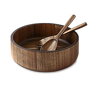 Miusco Natural Acacia Wooden Large Salad Serving Bowl with Tongs Set, 12 Inch, 200 Oz./6.25 Quarts, Spoons Included, Premium Handcrafted Wood Bowl and Utensils Set, Great Holiday Gift
