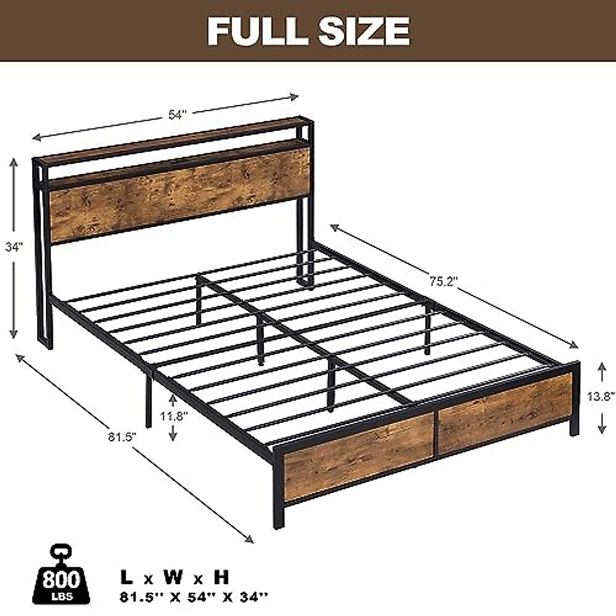 Anwick Metal Full Bed Frame with Storage Headboard and 2 USB Ports,Industrial Bed Frame Full Size with LED Lights and Underneath Storage,Noise Free, No Box Spring Needed(Full)