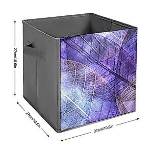 Purple Leaves Foldable Storage Bins Printd Fabric Cube Baskets Boxes with Handles for Clothes Toys, 11x11x11
