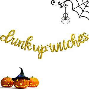 Drink Up Witches Script/Cursive Gold Letter Balloons, 18 Inch Halloween Party Decoration Foil Balloon Garland for Outdoor Indoor Bathroom Yard Window Wall Home Room Table Bedroom Party Favors Supplies