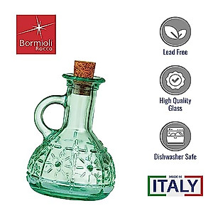 Bormioli Rocco Set Of 2 Country Home Olivia Oil Bottle, 7-ounce Cruet With All Natural Cork Lid, Blue-green Tinted Star Glass, Elegant And Floral Design, Made In Italy.