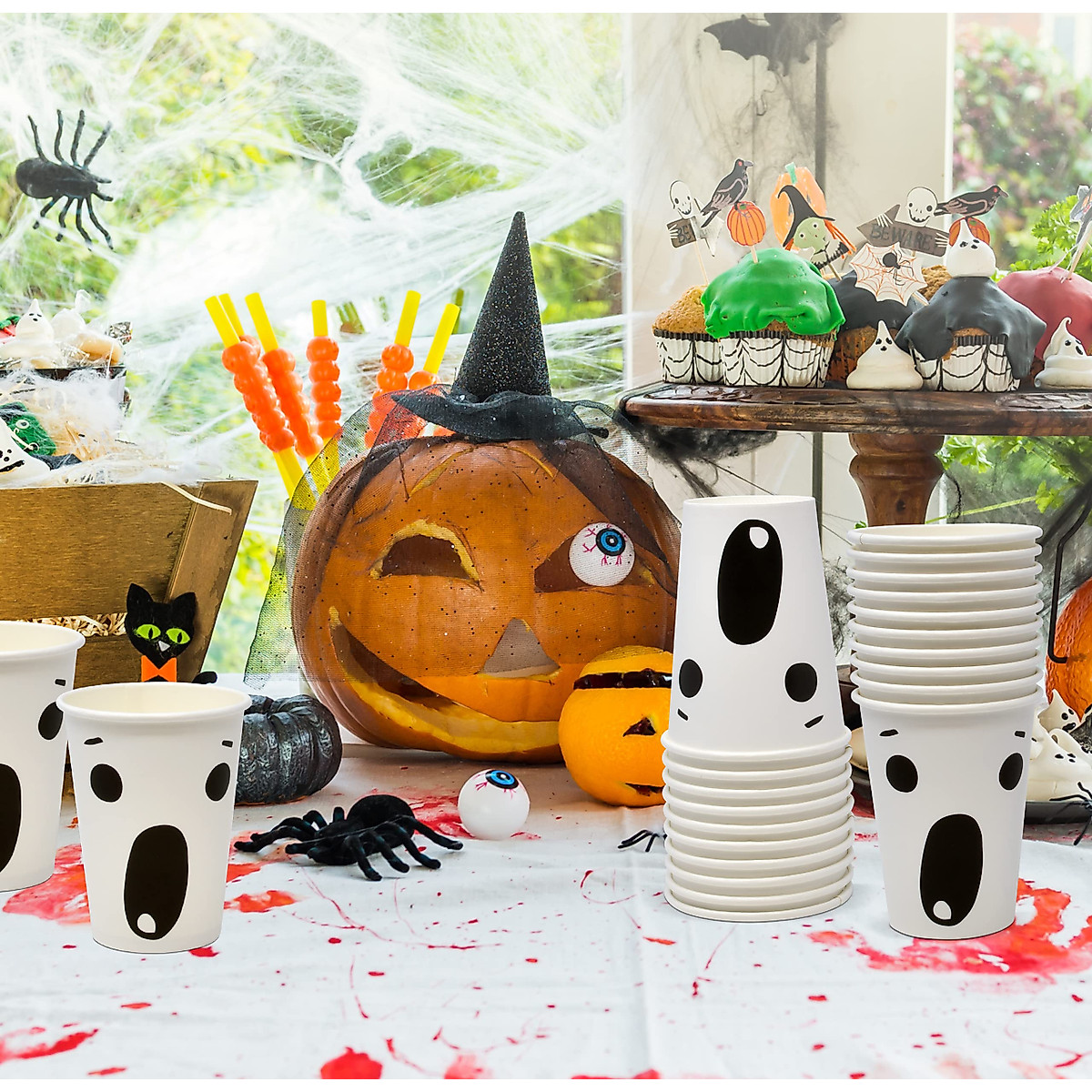 Gift Boutique 50 Halloween Ghost Disposable 9 oz. White Ghosts Face Paper Party Cup Holiday Spooky Trick or Treat Design for Beverage Drinks Drinking Cup Dinner Haunted House Supply Dinnerware Decors