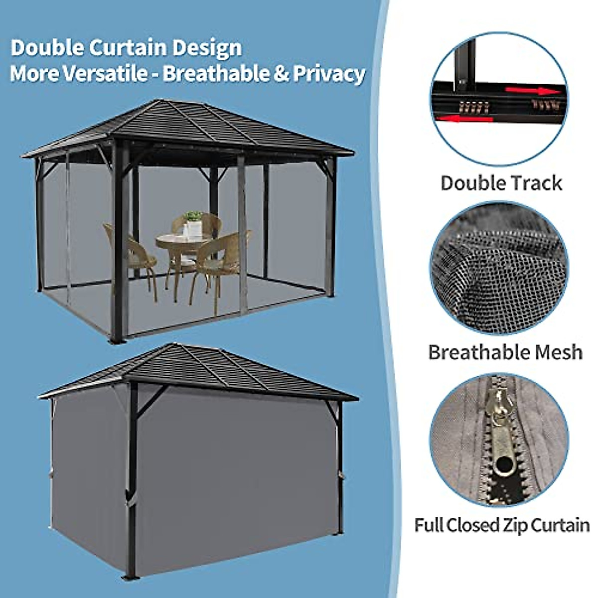 GARTOO 10' x 12' Patio Hardtop Gazebo - Outdoor Metal Hard Top with Fully Enclosed Zip Curtain & Breathable Mesh, Galvanized Steel Top Gazebo for Garden, Lawn, Outdoor Party (Black)