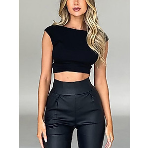 LovelyWholesale Women's Sexy 2 in1 Cut Out Crop Top Cap Sleeve Slim Fit T Shirts Black Medium