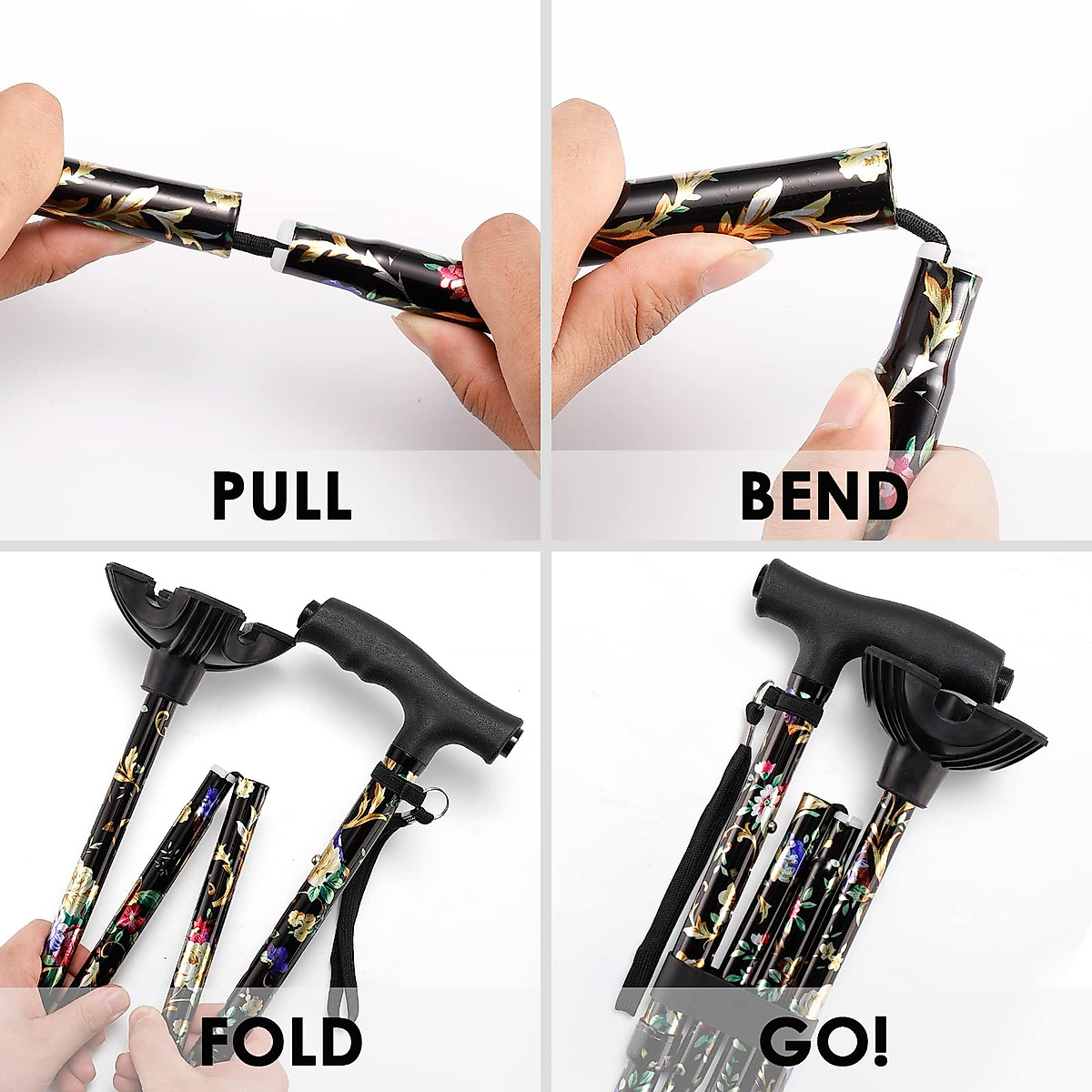 LIXIANG Walking Cane with LED Light, Adjustable Folding Walking Cane for Women and Men, Lightweight Portable Collapsible Cane Quad Cane for Senior Balance