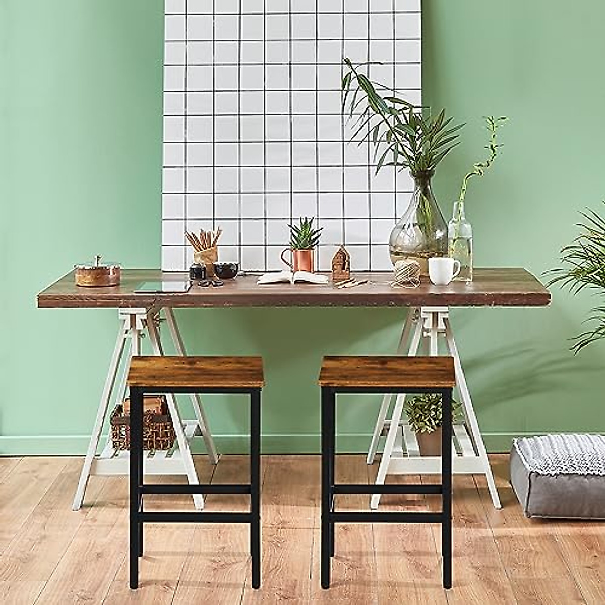 SUPER DEAL Counter Height Bar Stools Set of 2 for Kitchen, 26 Inches Industrial Backless Metal BarStools with Wood Top, Rustic Brown