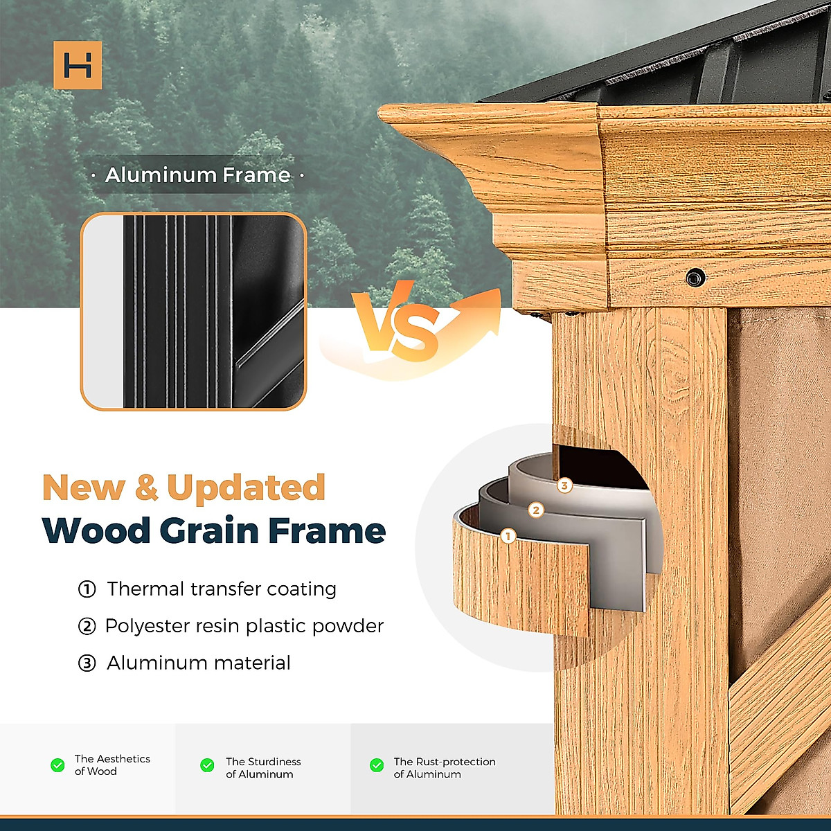 HAPPATIO 10' x 12' Hardtop Gazebo, Outdoor Wood Grain Frame Aluminum Gazebo with Galvanized Steel Double Roof，Patio Gazebo Canopy with Netting and Curtains for Patio, Lawns, Deck，Backyard (Beige)