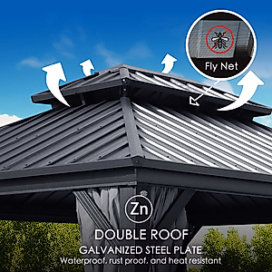 Kozyard Caesar 10'x12' Hardtop Gazebo - Permanent Metal Pavilion with Netting and Shaded Curtains for Patio, Backyard, and Deck - Galvanized Steel Outdoor Aluminum Canopy, Double Roof Gazebo (Grey)