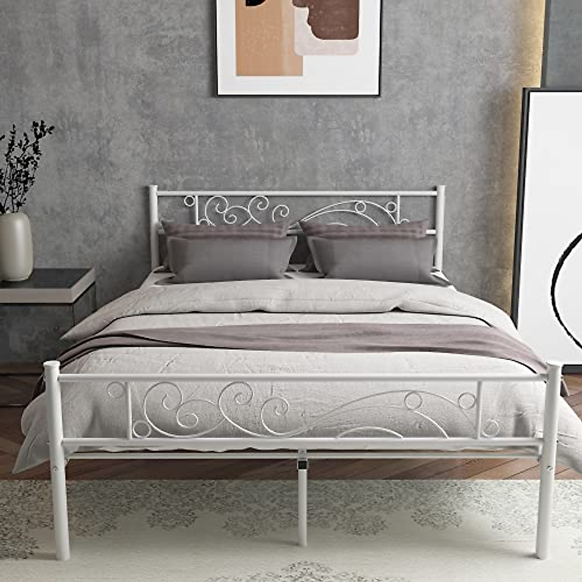 Weehom Full Size Bed Frame with Headboard Under Storage Metal Platform Bed Steel Slat Support, White