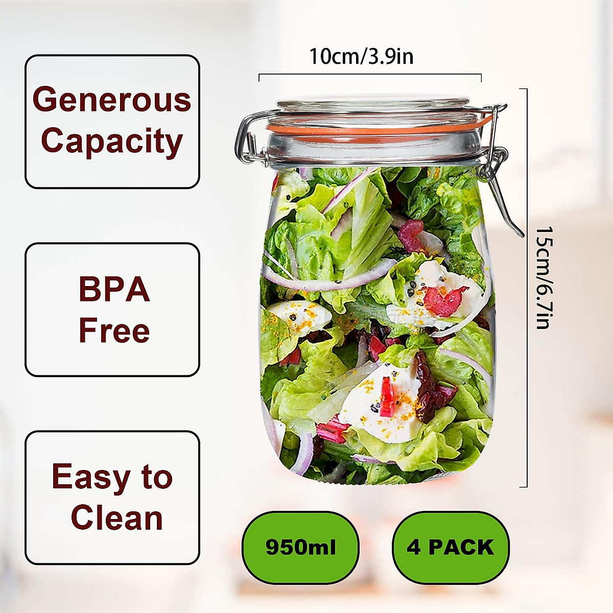 Galssmagic 32 oz Wide Mouth Mason Jars,4 Pack Glass Pickling Jars with Airtight Lids,Air Tight Glass Storage Container for Canning,Pickling,Fermenting